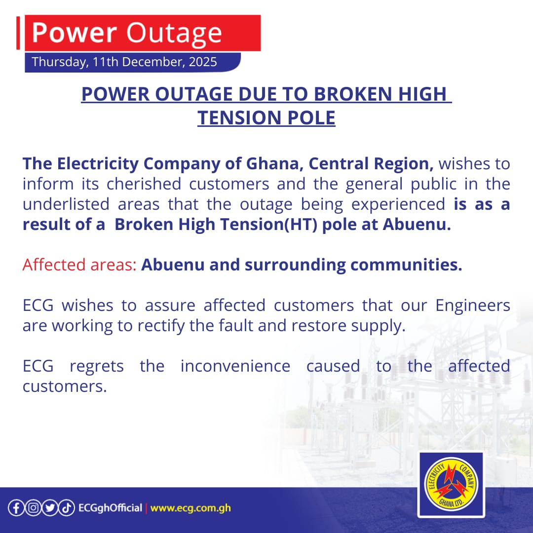 Electricity Company of Ghana Ltd - POWER OUTAGE DUE TO BROKEN HIGH ...