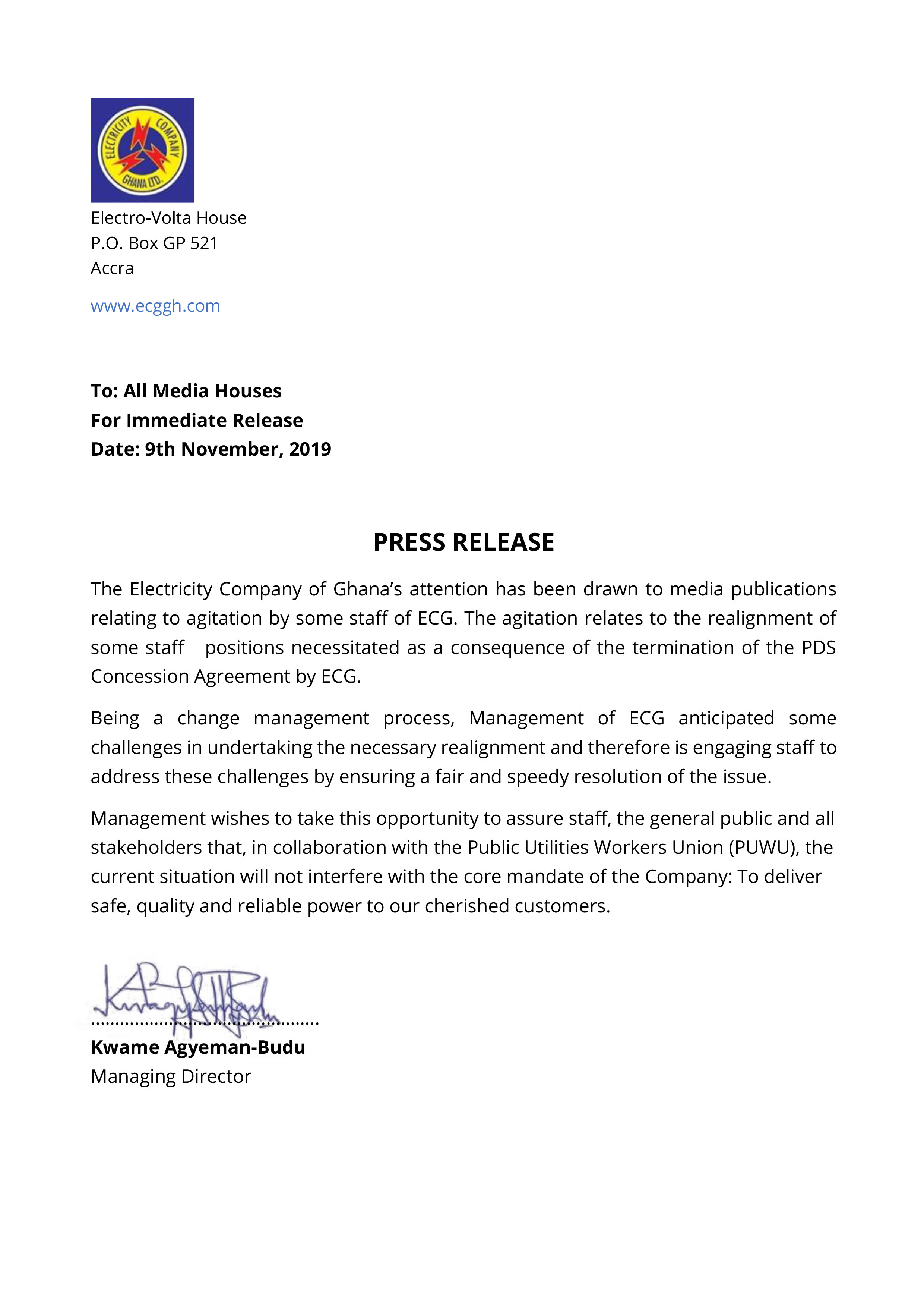 Electricity Company of Ghana Ltd - PRESS RELEASE - 9th November 2019
